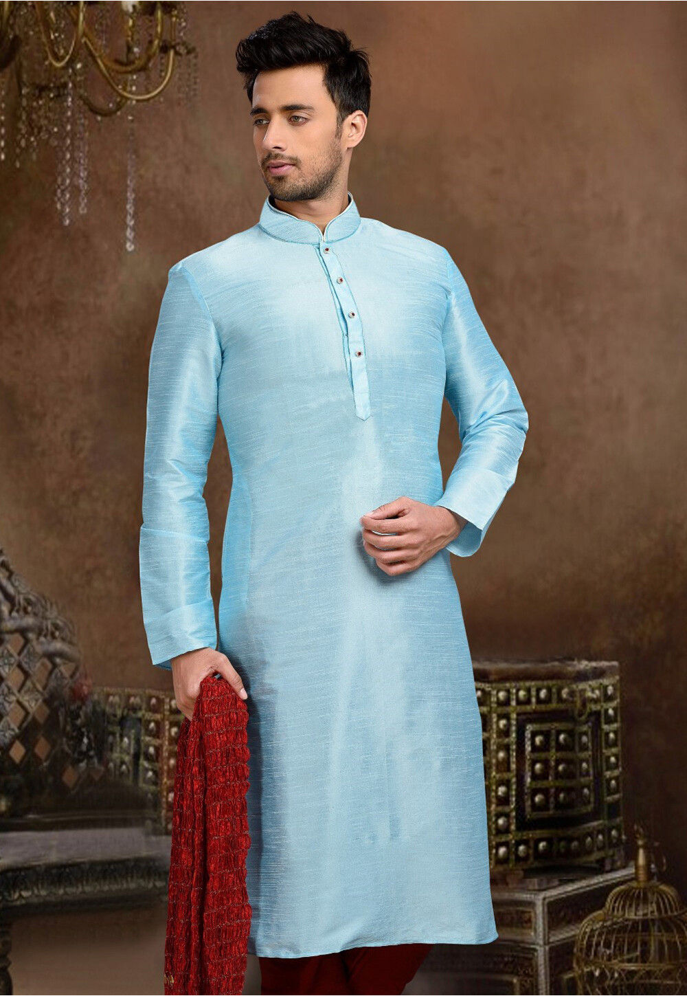Buy Solid Color Dupion Silk Kurta in Light Blue Online : MHR1001 ...