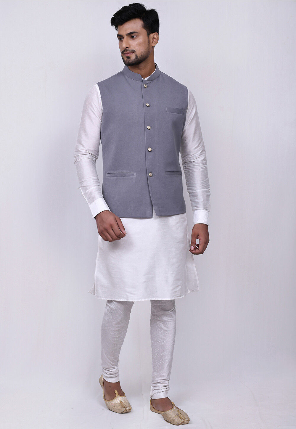Buy Solid Color Dupion Silk Kurta Jacket Set in Off White and Grey ...