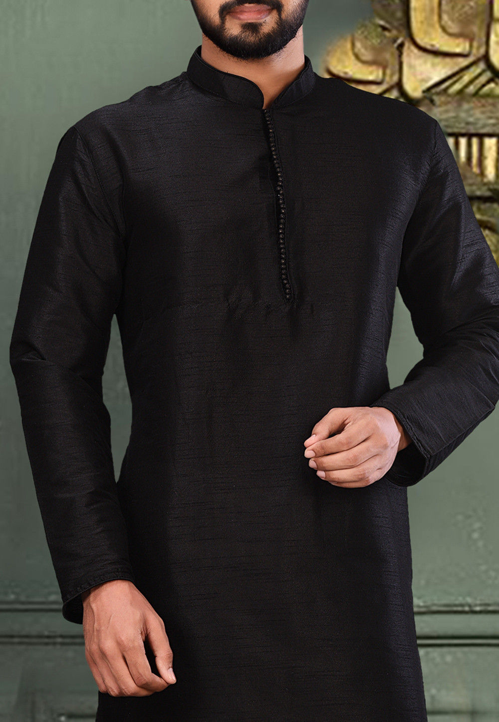Buy Solid Color Dupion Silk Kurta Set in Black Online : MLC41 - Utsav ...