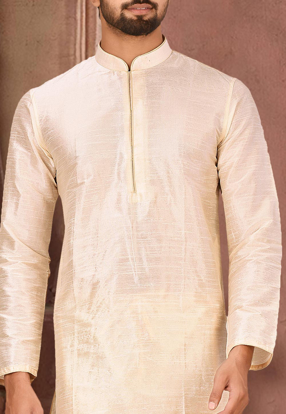 Solid Color Dupion Silk Kurta Set in Light Beige : MLC1034