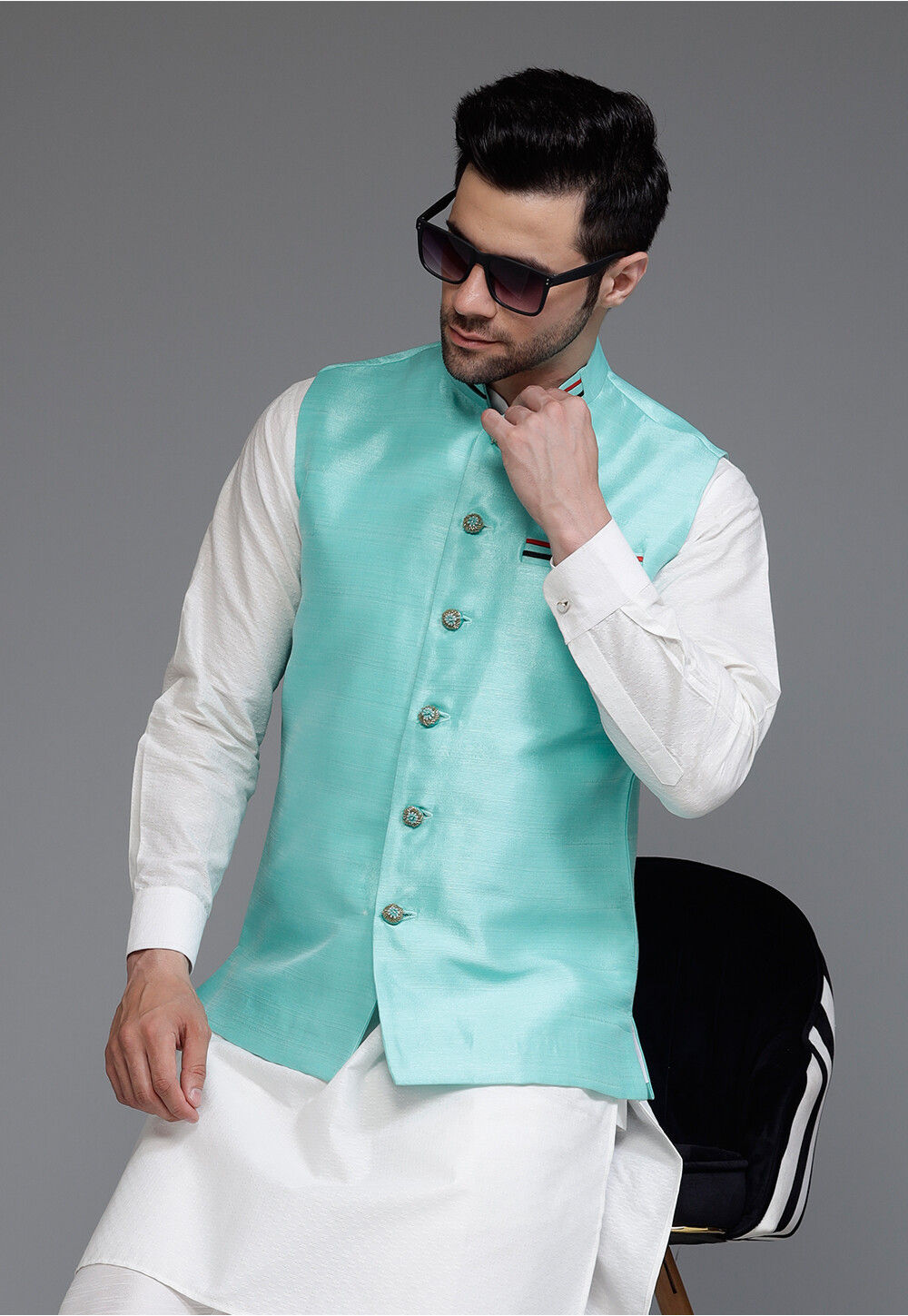 Buy Solid Color Dupion Silk Nehru Jacket in Blue Online : MXX412 ...