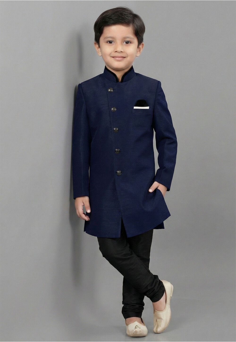 Buy Solid Color Dupion Silk Sherwani Set in Navy Blue Online : UAS384 ...