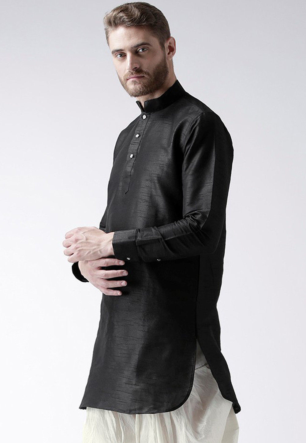 Solid Color Dupion Silk Short Kurta in Black : MVE1249