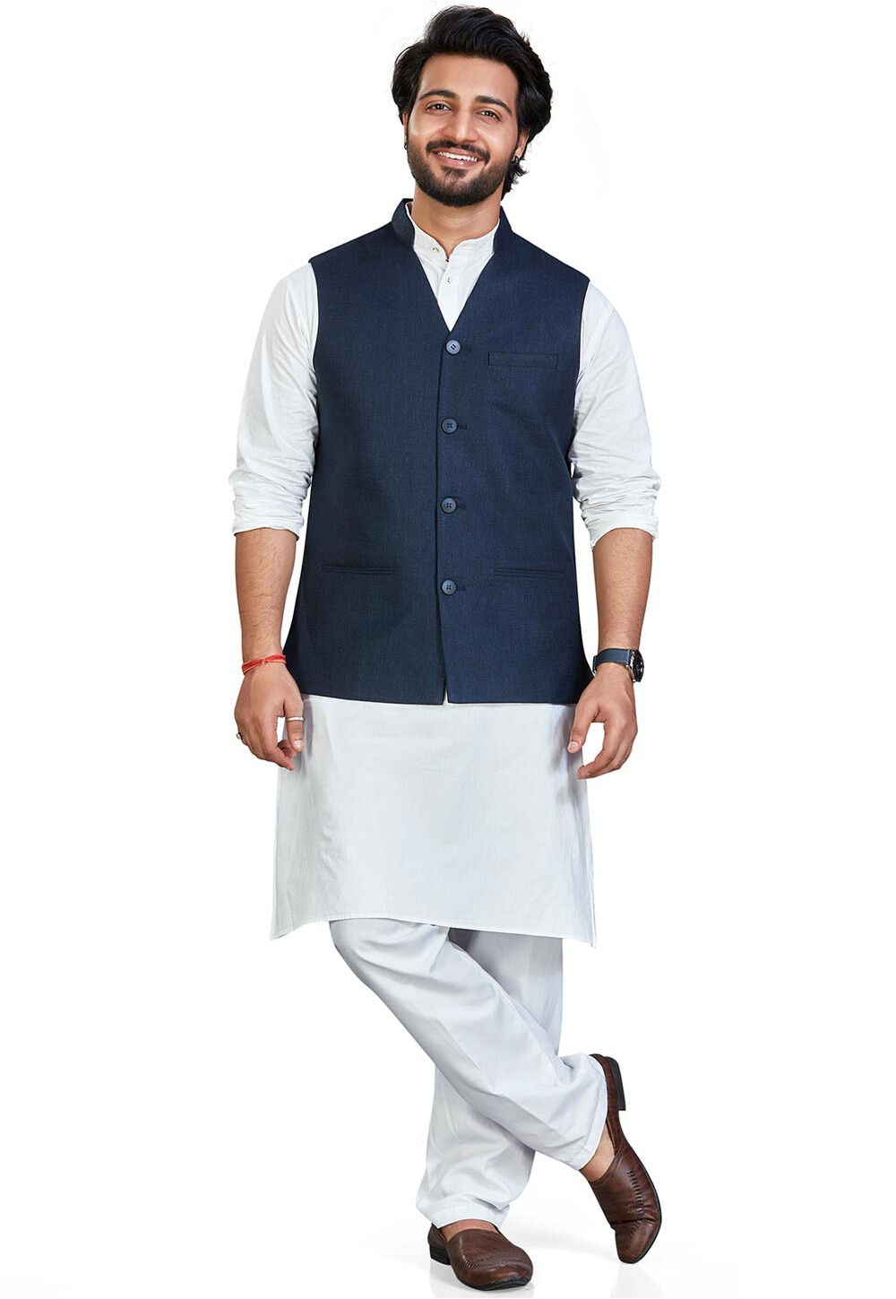 Buy Solid Color Linen Silk Nehru Jacket in Navy Blue Online : MSY225 ...