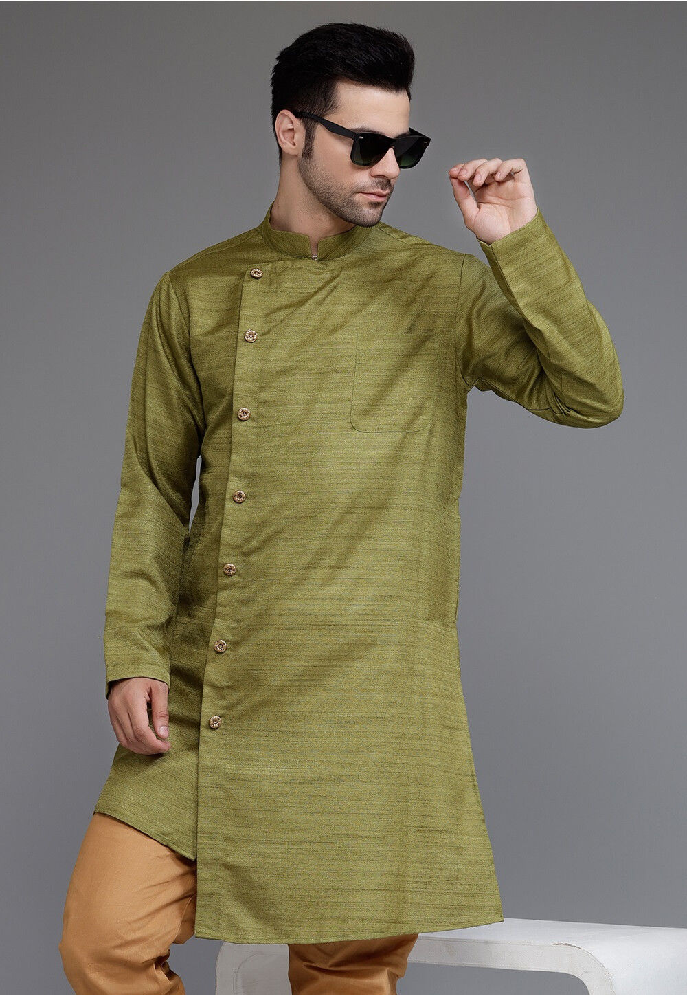 Buy Solid Color Matka Silk Asymmetric Kurta in Olive Green Online ...
