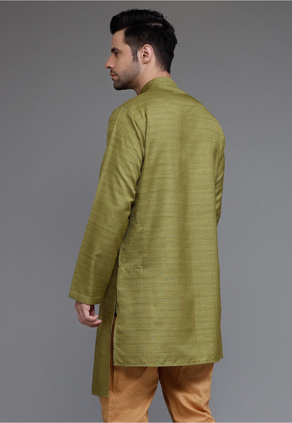 Buy Solid Color Matka Silk Asymmetric Kurta in Olive Green Online ...