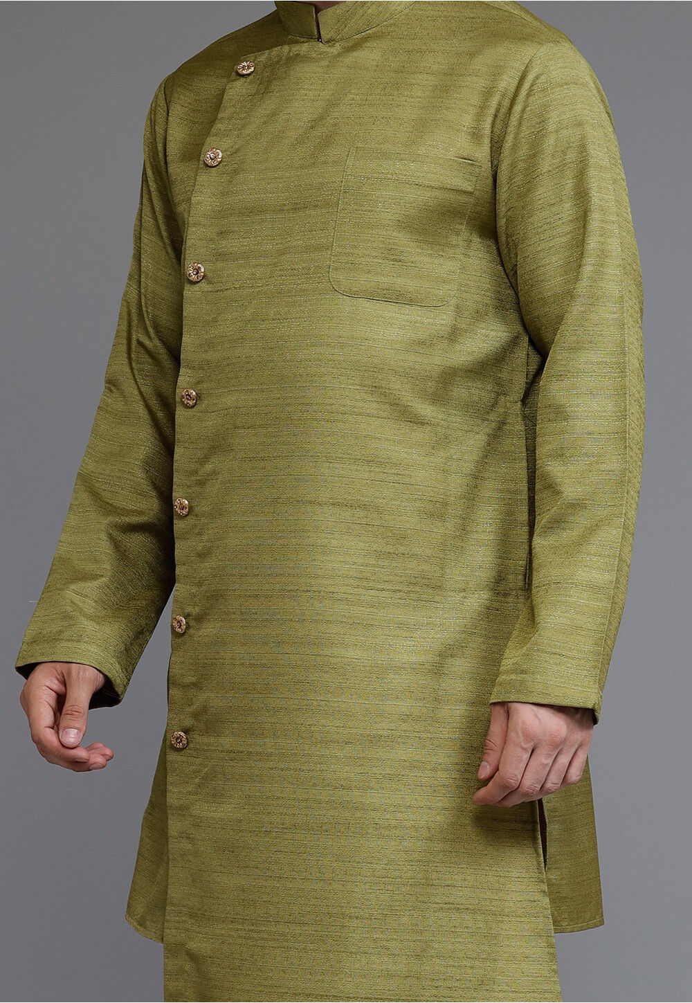 Buy Solid Color Matka Silk Asymmetric Kurta in Olive Green Online ...