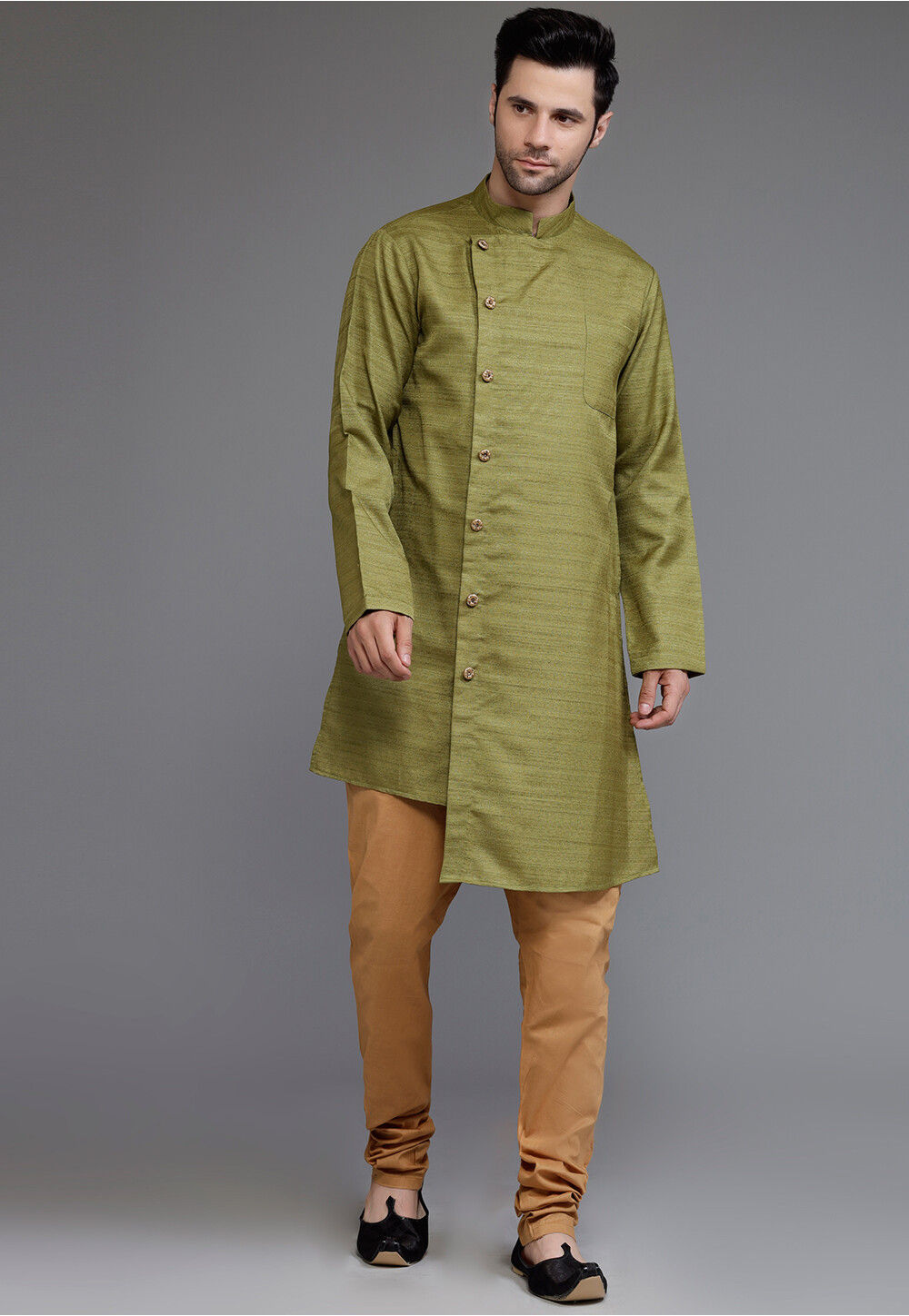 Buy Solid Color Matka Silk Asymmetric Kurta Set in Olive Green Online ...