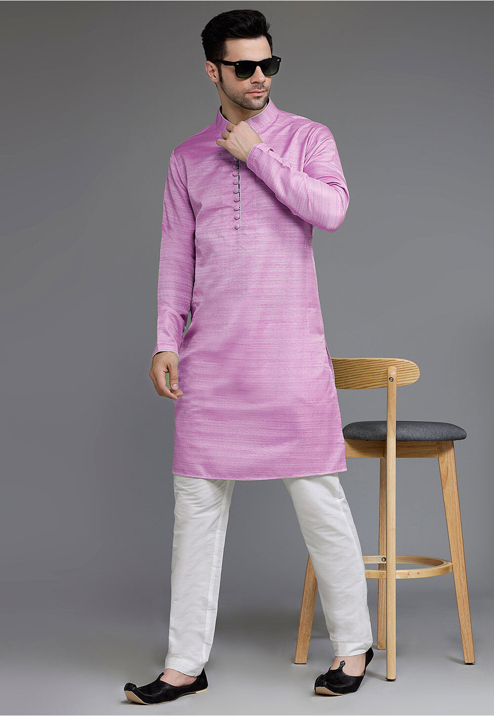 Solid Color Matka Silk Kurta Set in Pink : MXX650