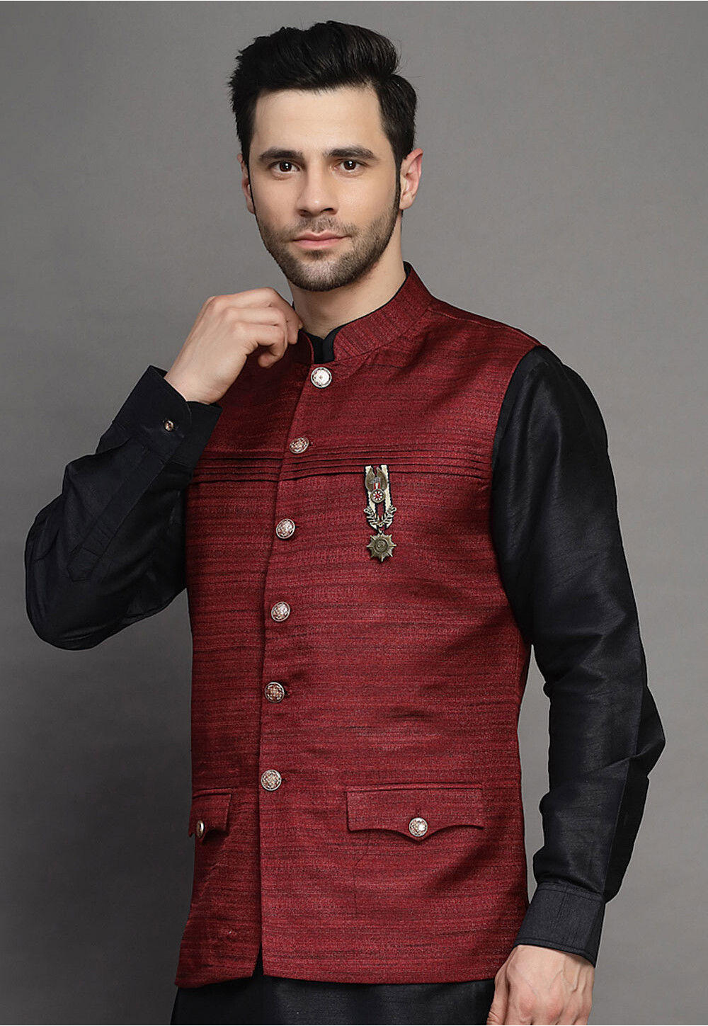 Solid Color Matka Silk Nehru Jacket in Maroon : MXX126