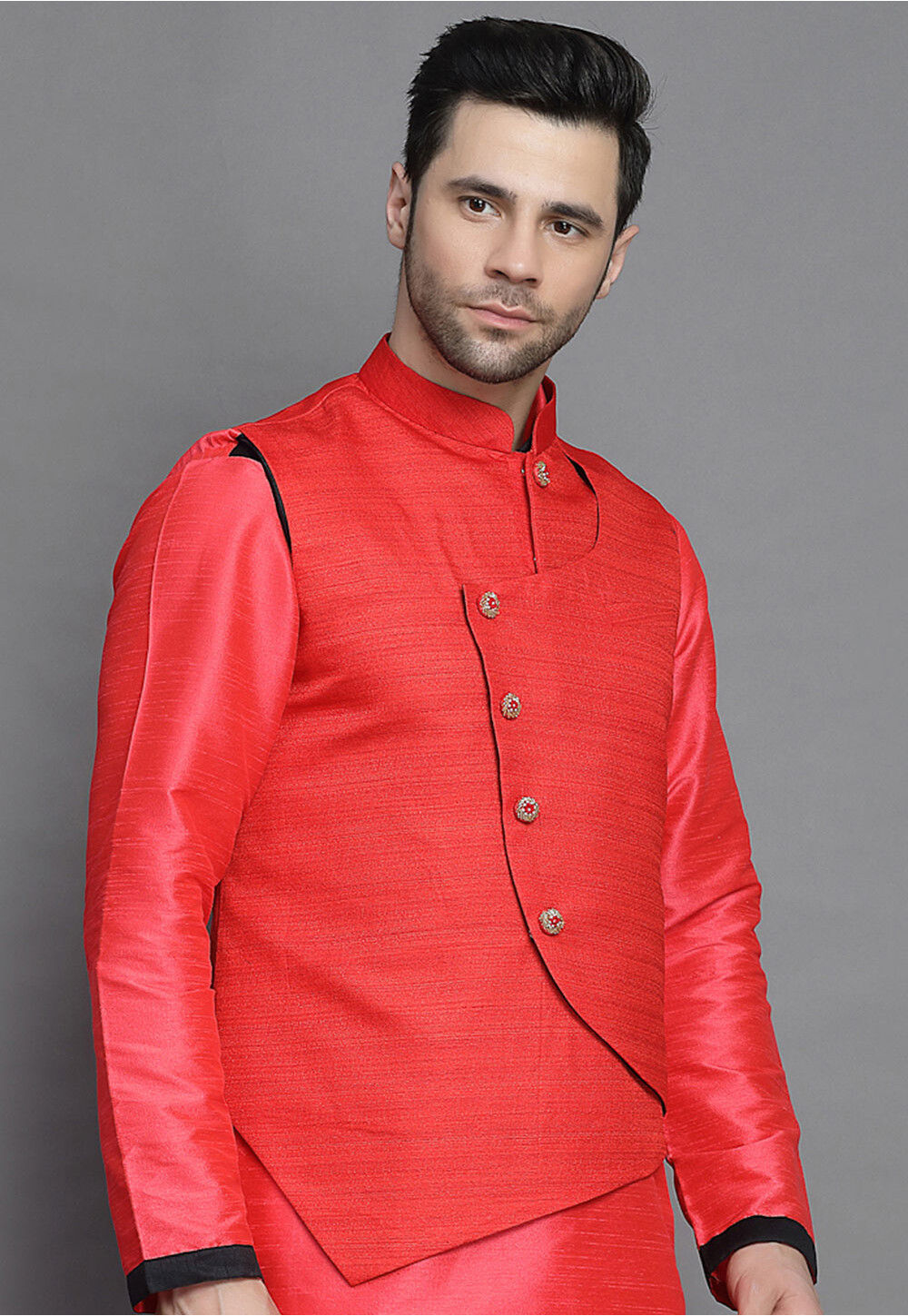 Solid Color Matka Silk Nehru Jacket in Red : MXX128
