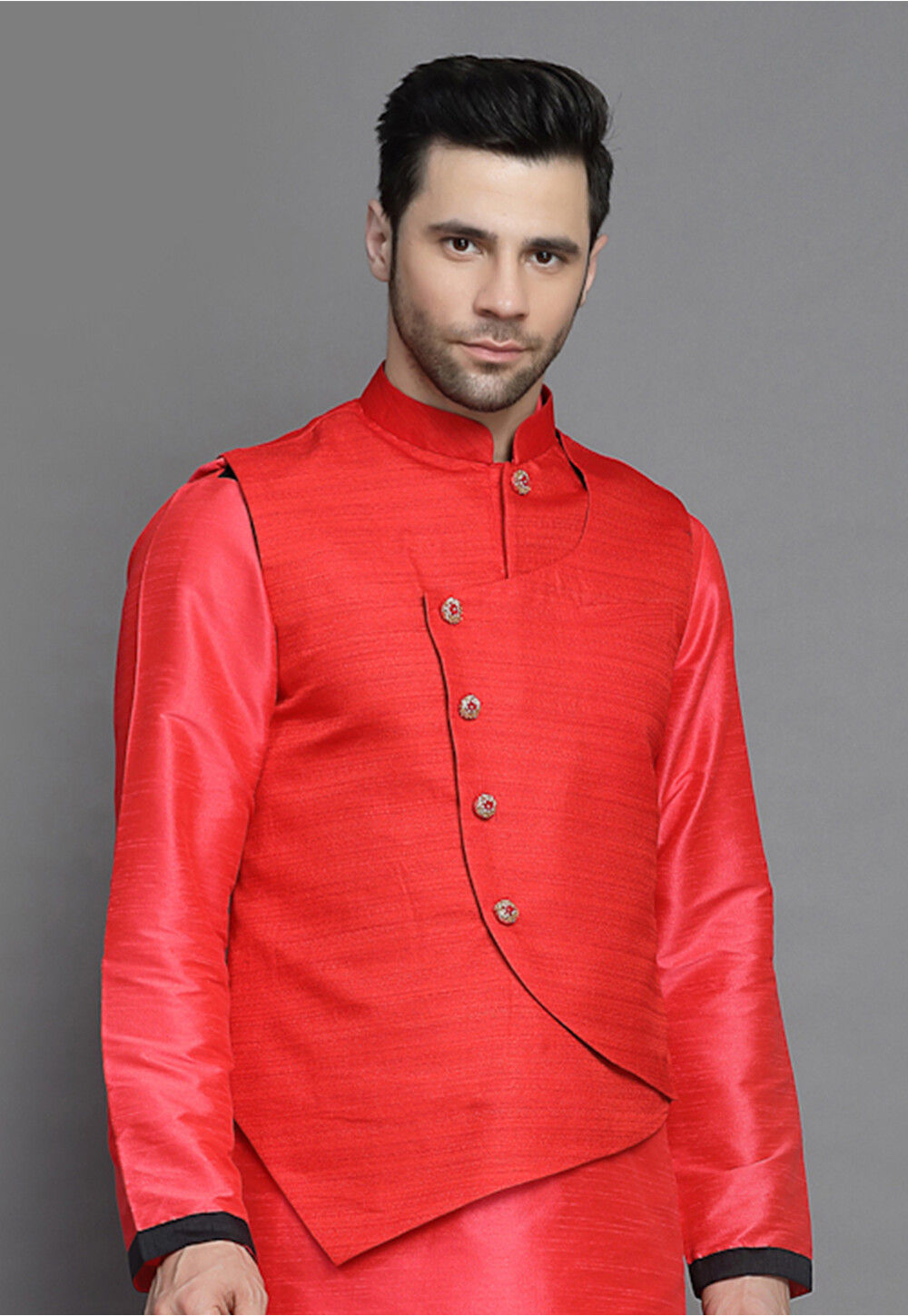 Buy Solid Color Matka Silk Nehru Jacket in Red Online : MXX128 - Utsav ...