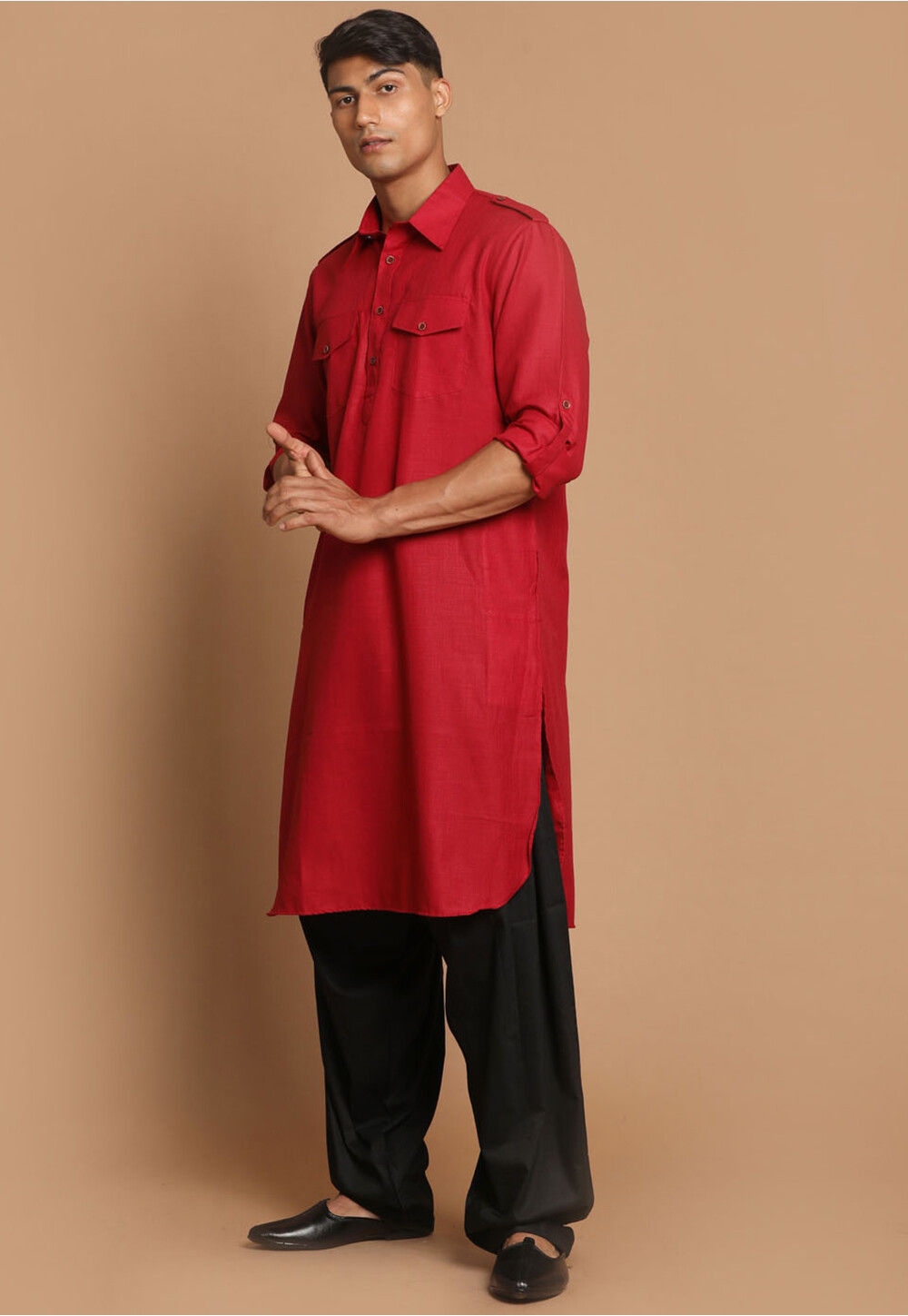 Buy Solid Color Cotton Pathani Suit in Red Online : MTR3065 - Utsav Fashion