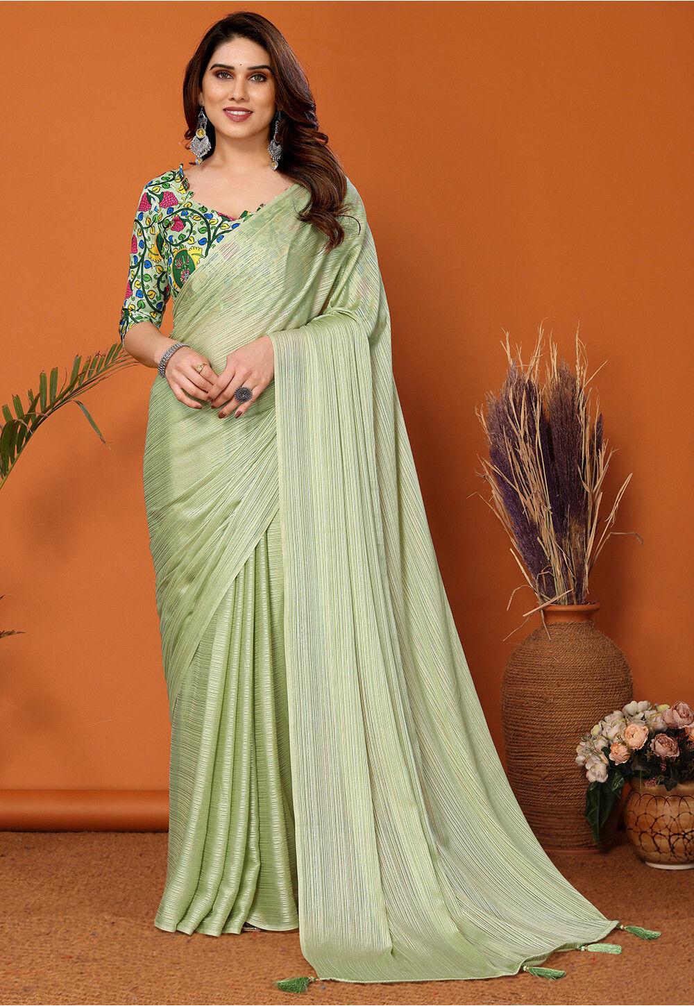 Buy Solid Color Polyester Brasso Saree in Light Green Online : SPF11941 ...