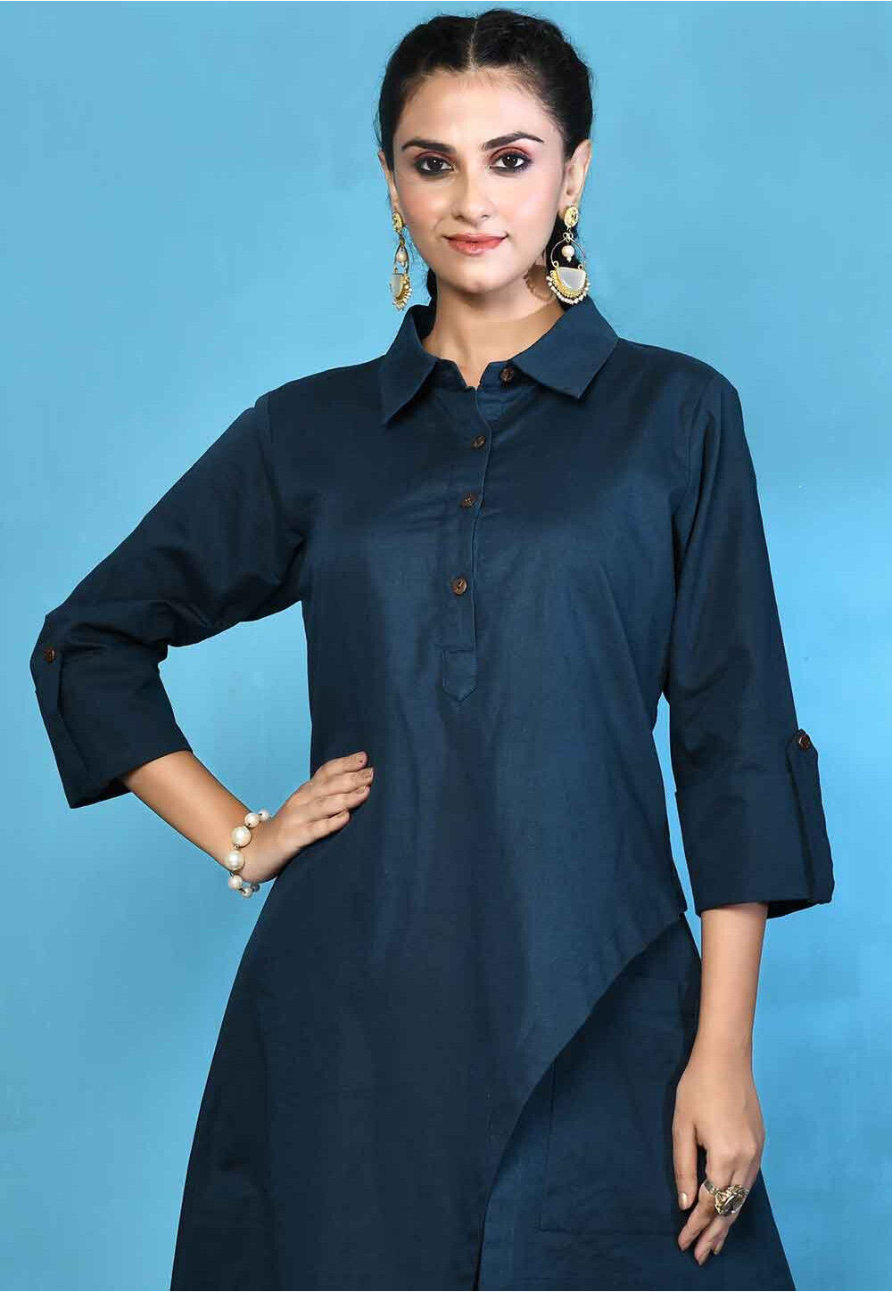 Buy Solid Color Pure Cotton Asymmetric Tunic in Navy Blue Online ...