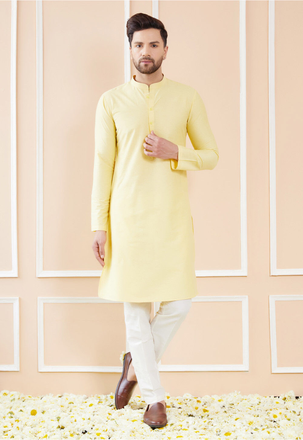 Buy Solid Color Pure Cotton Kurta Set in Yellow Online : MEE2270 ...