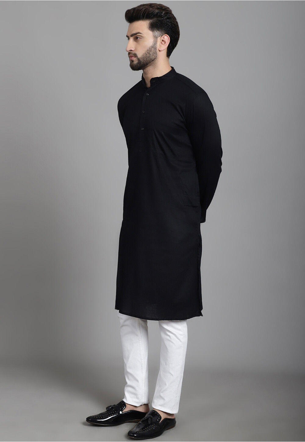 Buy Solid Color Pure Cotton Kurtas in Black Online : MAN246 - Utsav Fashion