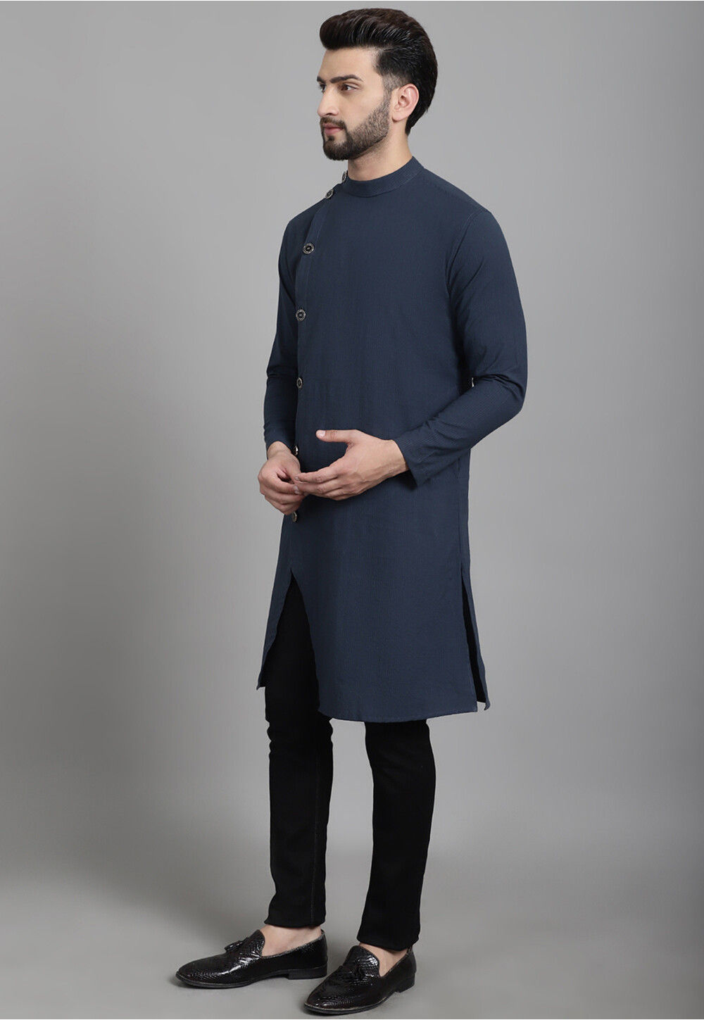 Buy Solid Color Pure Cotton Kurtas in Navy Blue Online : MAN259 - Utsav ...