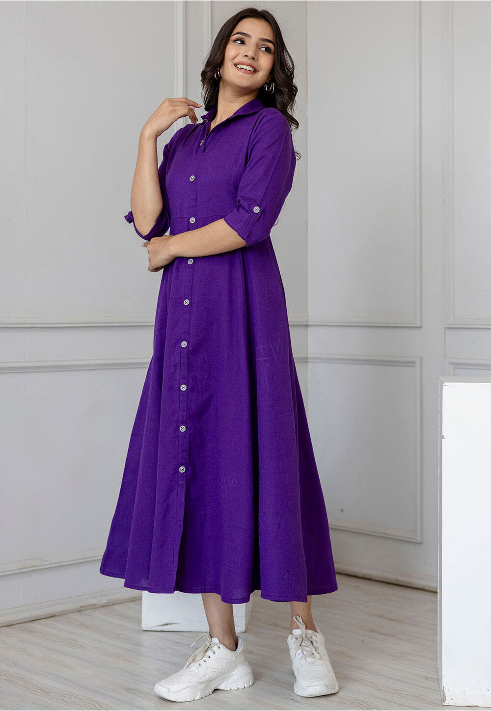Buy Solid Color Pure Cotton Midi Dress in Purple Online : TUV878 - Utsav Fashion