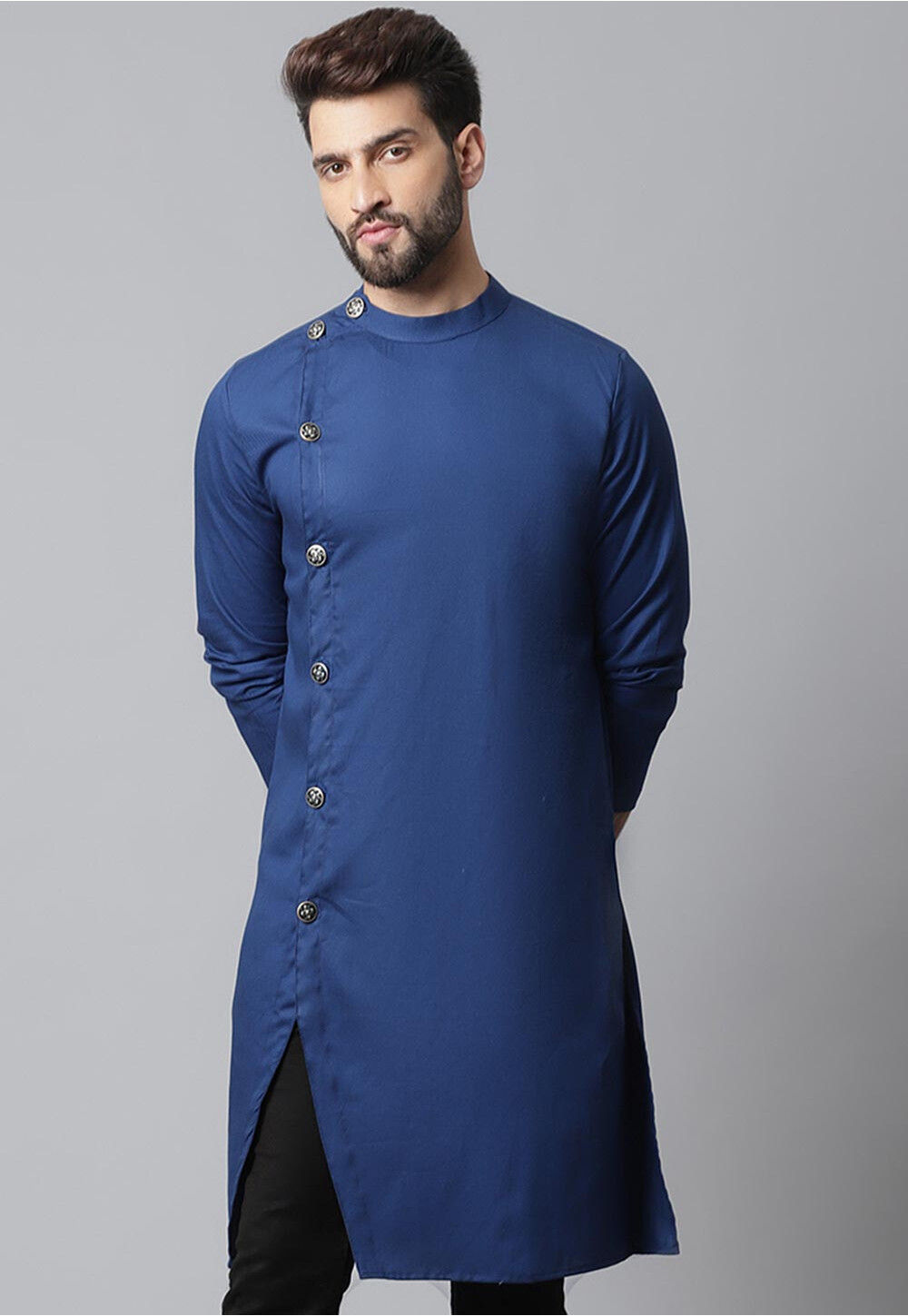 Buy Solid Color Pure Cotton Side Open Kurta in Dark Teal Blue Online ...