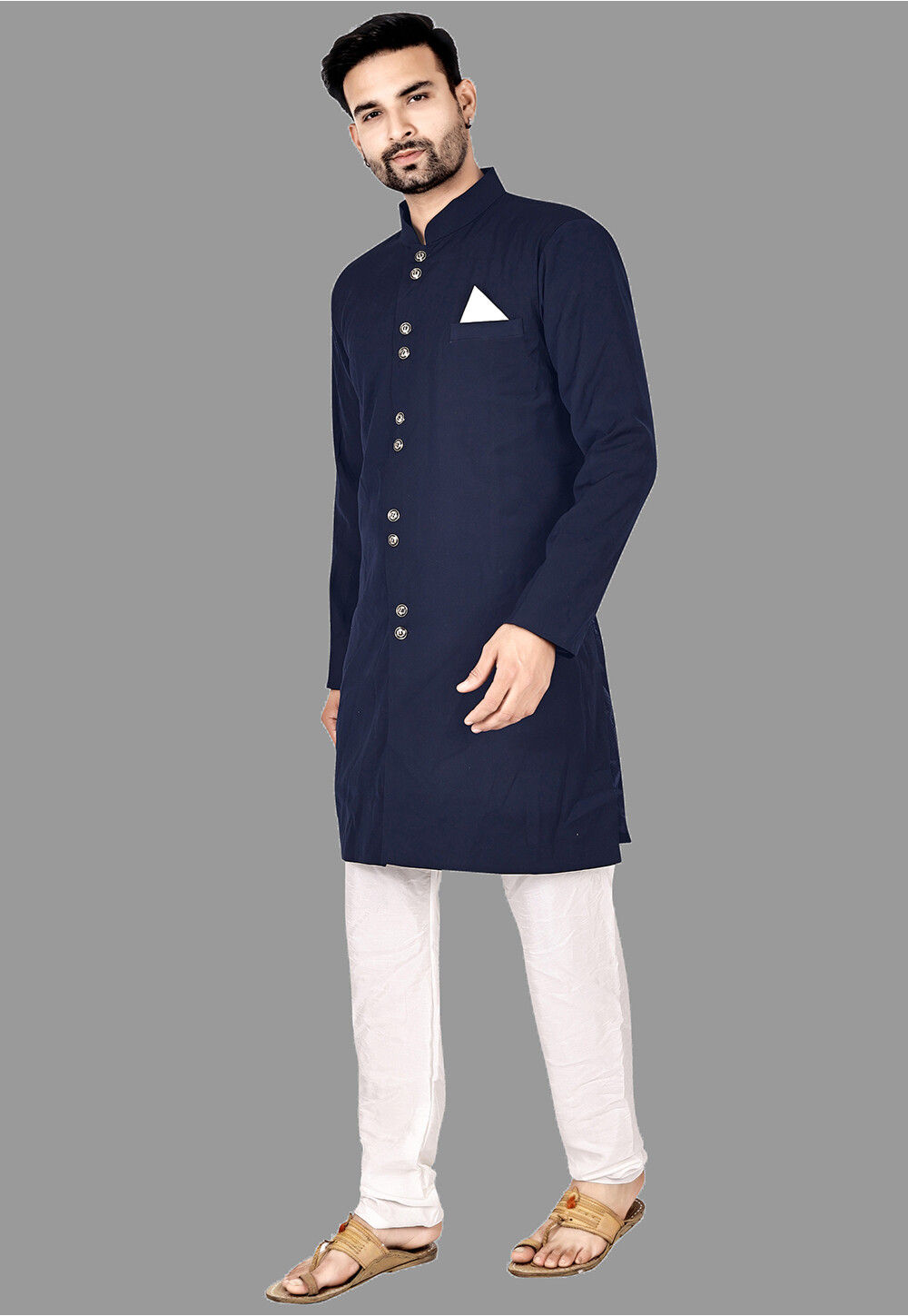 Buy Solid Color Rayon Front Open Kurta Set in Navy Blue Online : MGT923 ...
