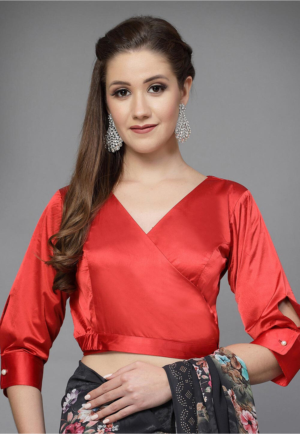 Solid Color Satin Overlapping Blouse in Red : UAC195
