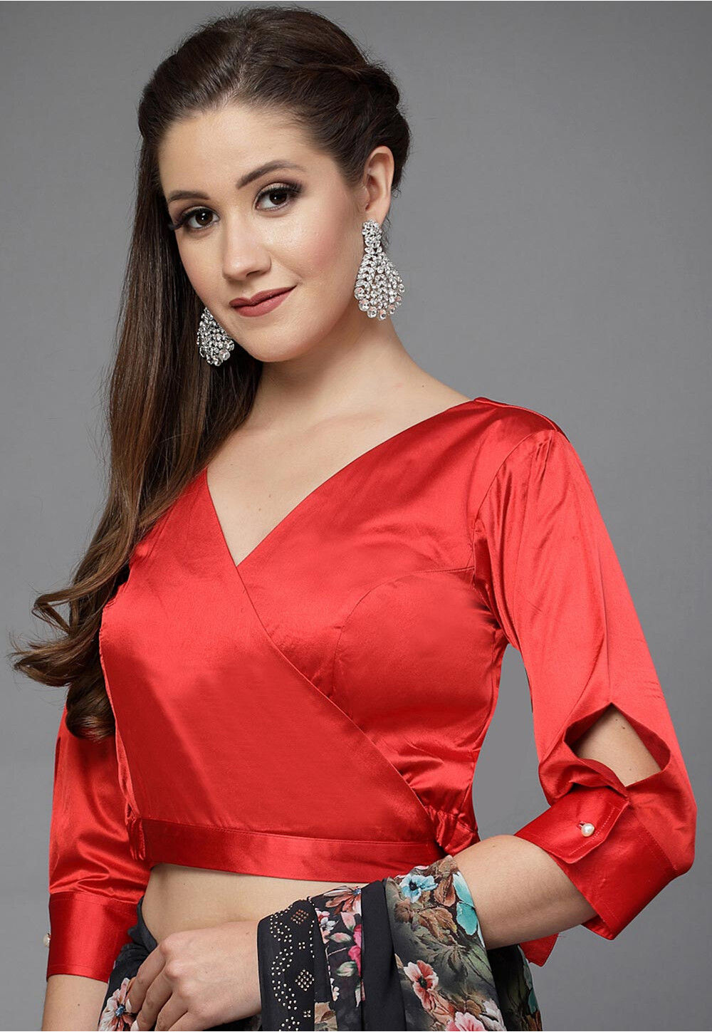 Solid Color Satin Overlapping Blouse in Red : UAC195