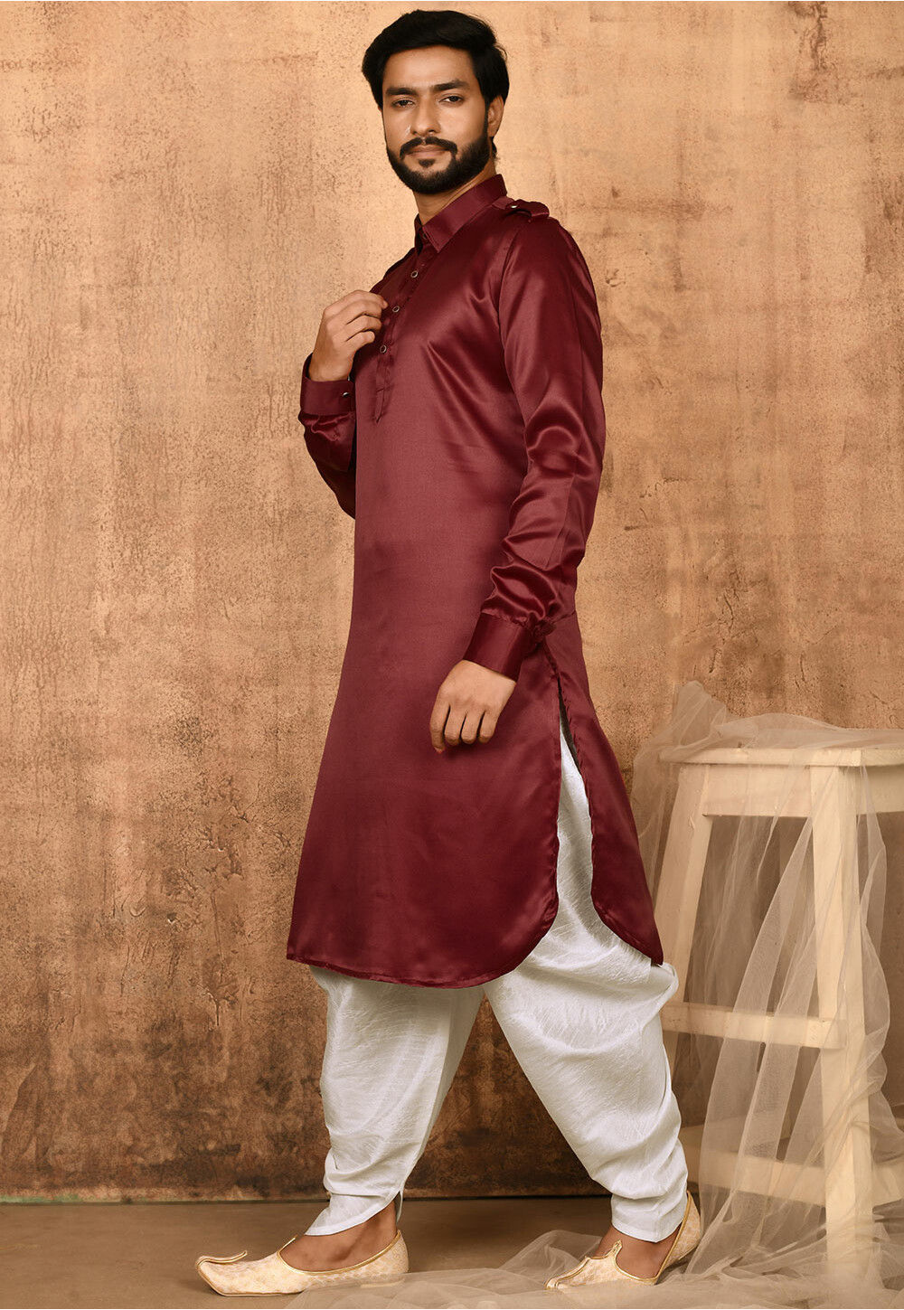 Buy Solid Color Satin Pathani Suit in Maroon Online : MTX1979 - Utsav ...