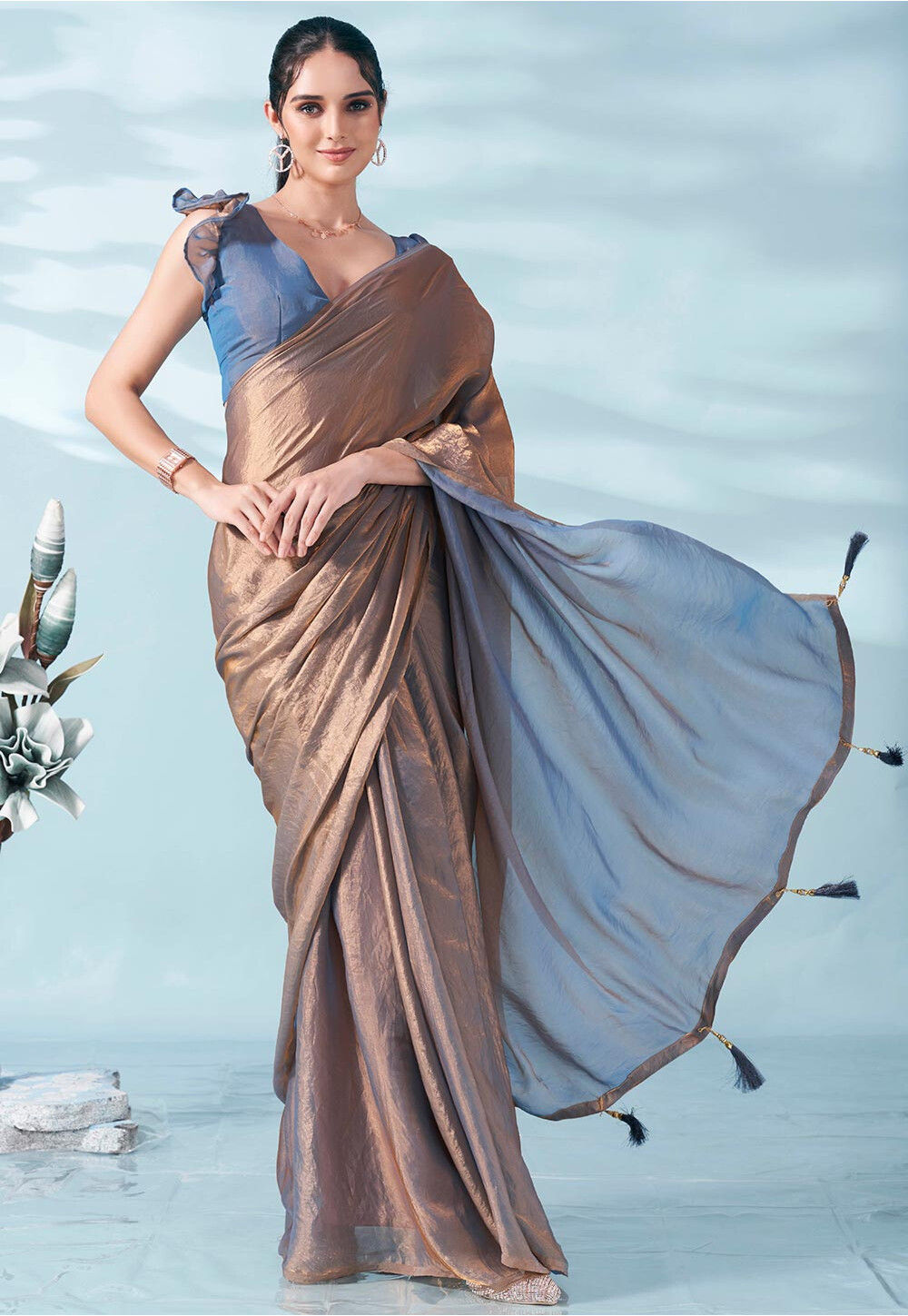 Buy Solid Color Satin Saree in Bronze Online : SDLA1101 - Utsav Fashion