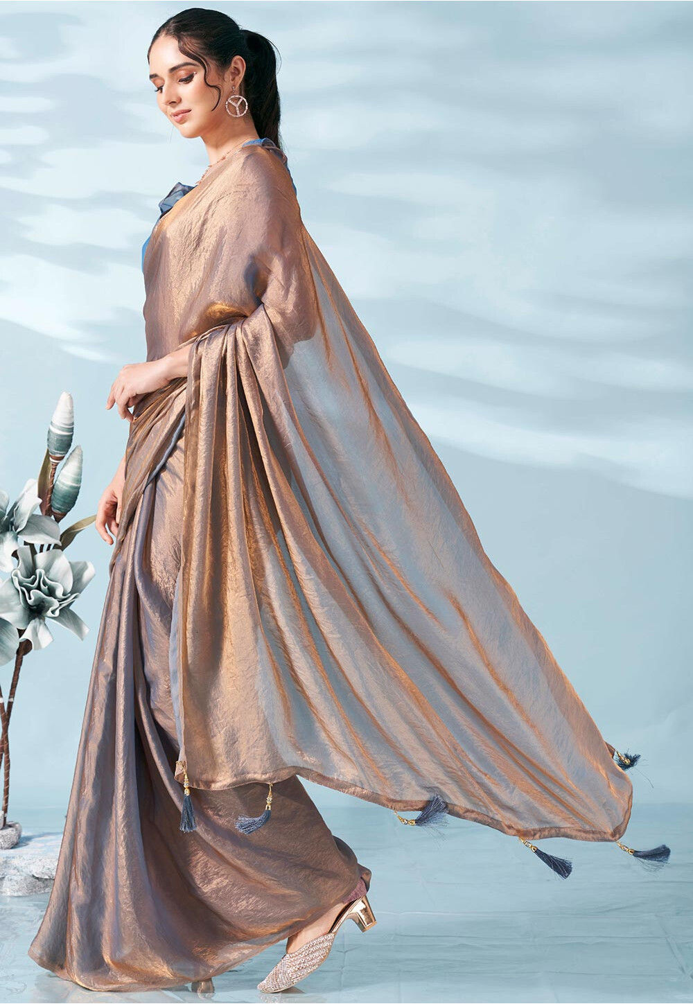 Buy Solid Color Satin Saree in Bronze Online : SDLA1101 - Utsav Fashion