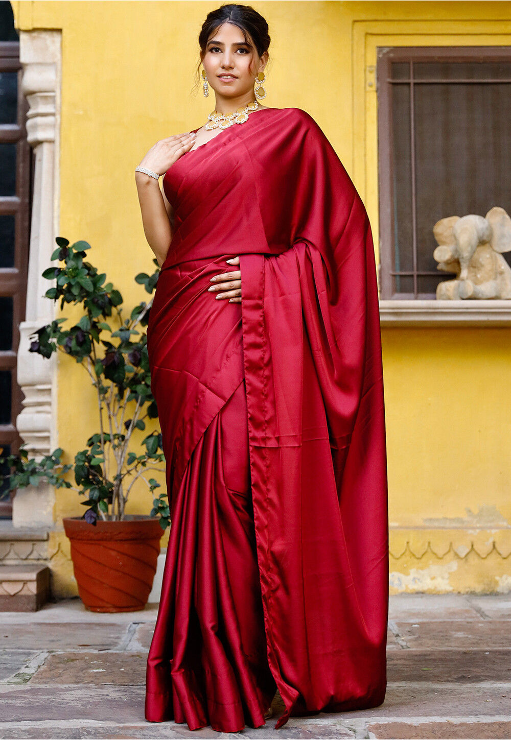 Buy Solid Color Satin Silk Saree In Red Online SQX71 Utsav Fashion