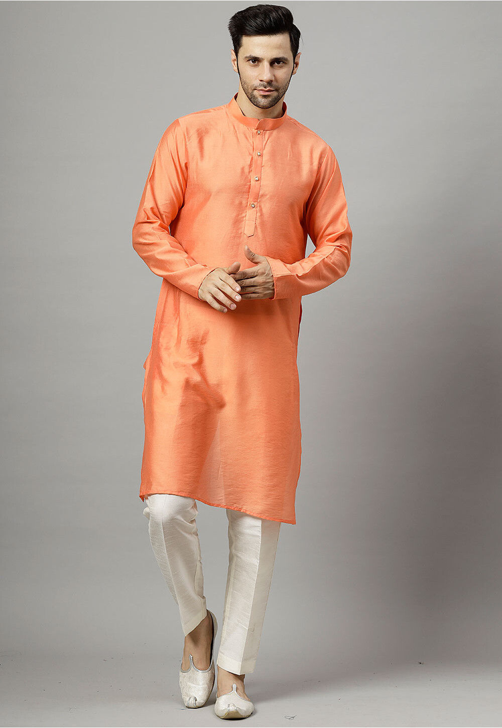 Buy Solid Color Silk Kurta Set in Peach Online : MXX1063 - Utsav Fashion
