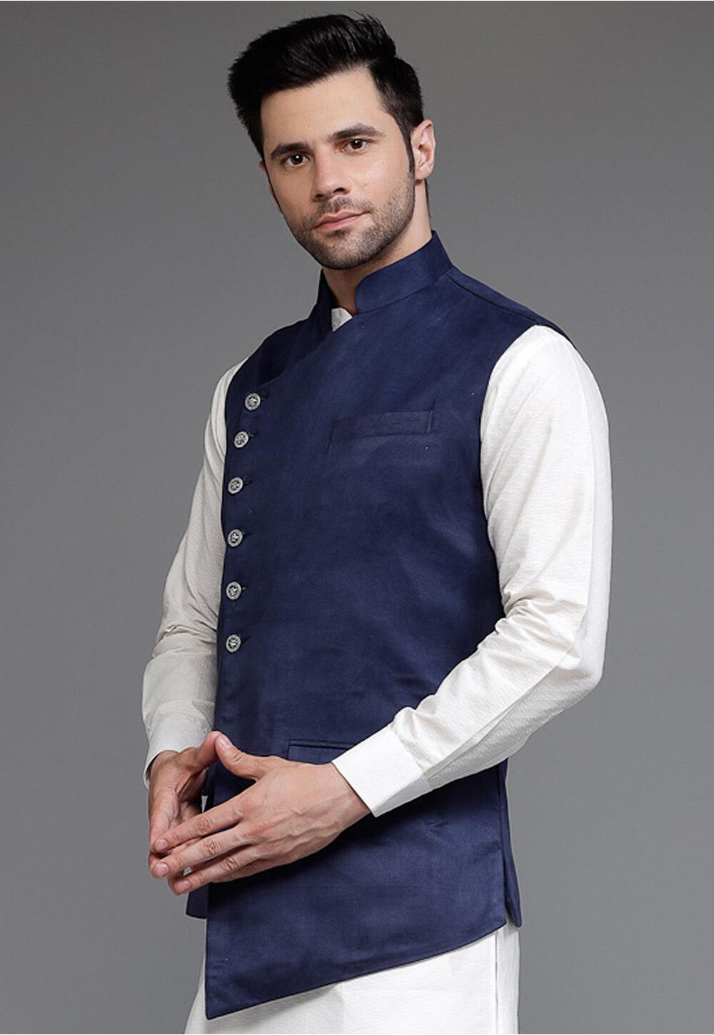 Buy Solid Color Suede Asymmetric Nehru Jacket in Navy Blue Online ...