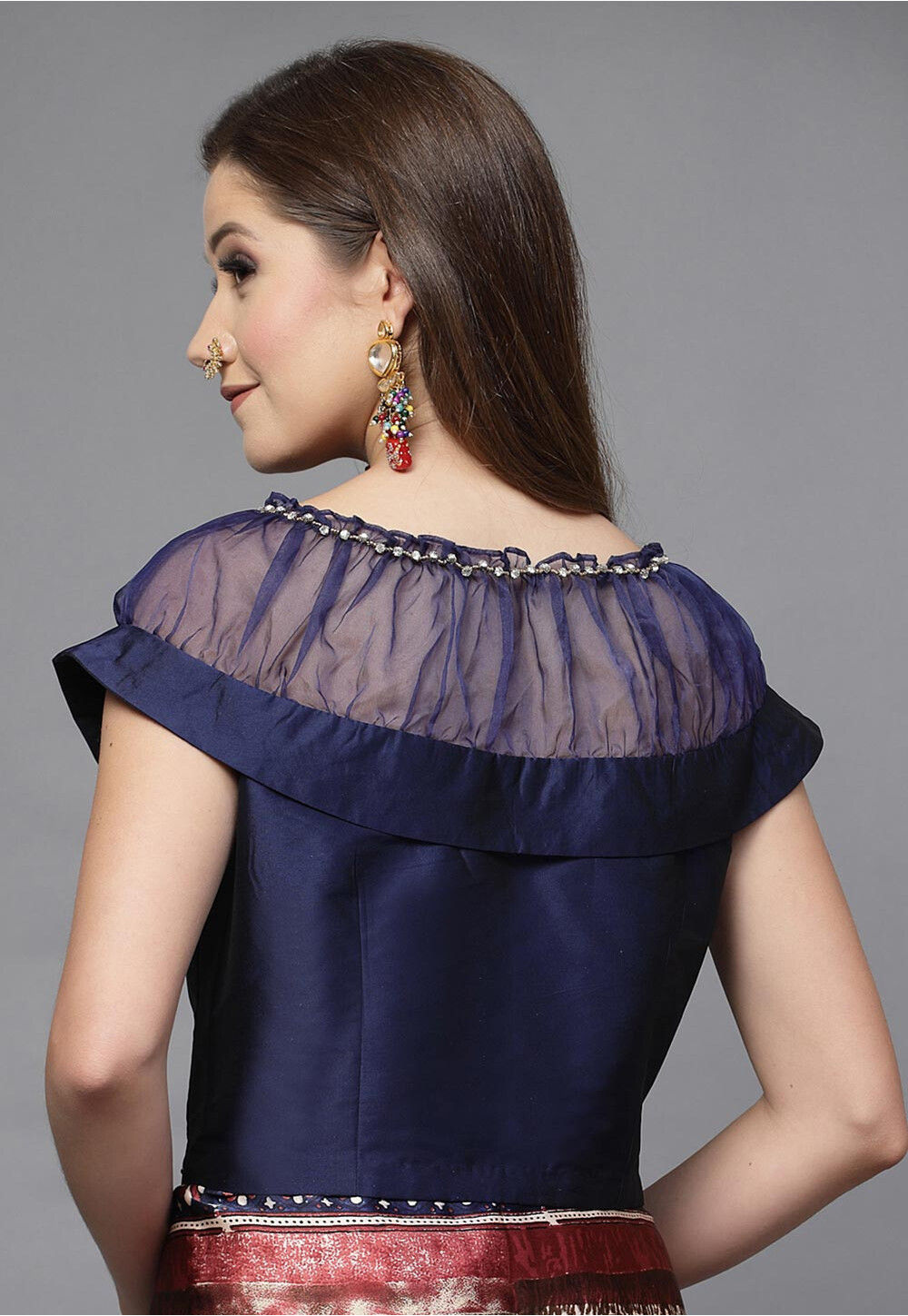 Buy Solid Color Taffeta Silk Sheer Blouse in Navy Blue Online : UAC177 ...