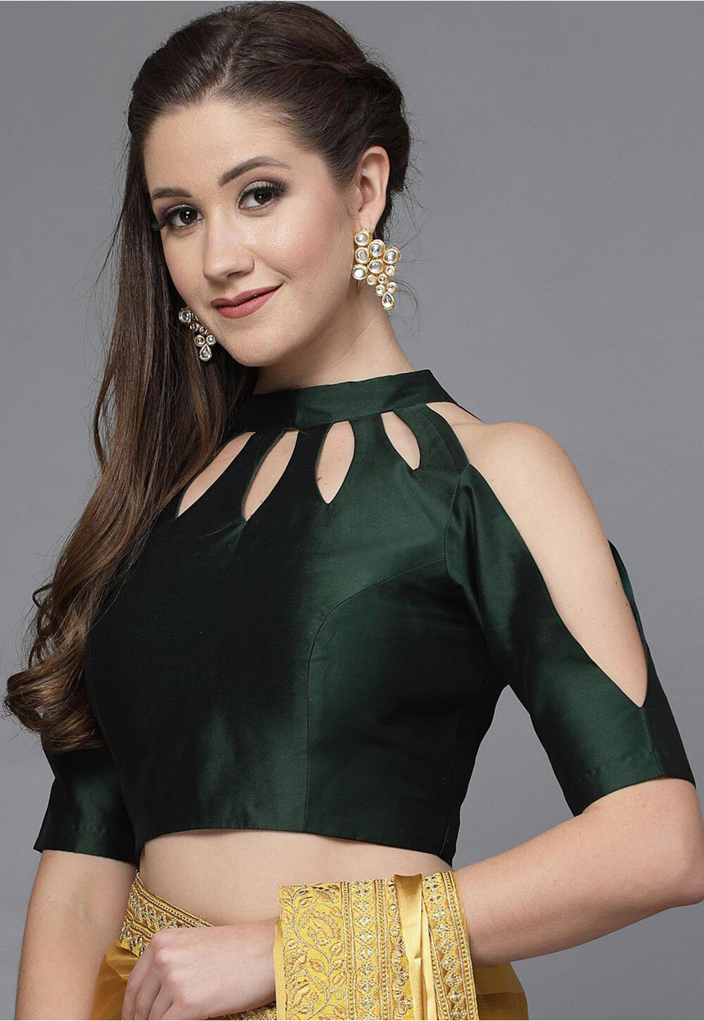 Buy Solid Color Taffeta Silk Cut Out Blouse in Dark Green Online ...