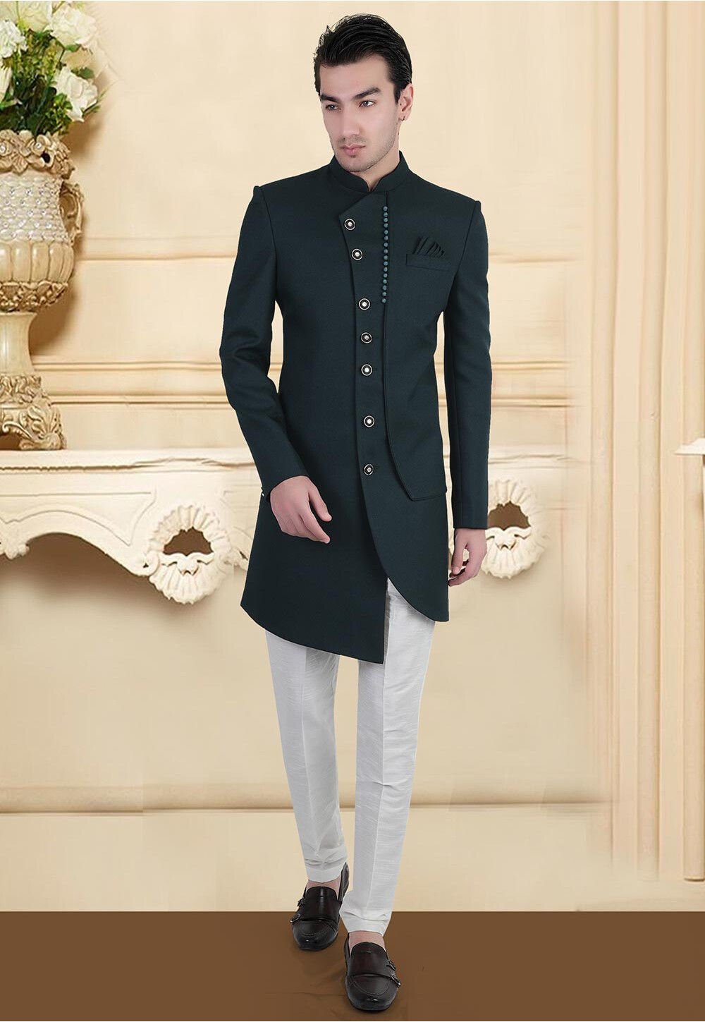 Buy Solid Color Terry Rayon Asymmetric Sherwani in Dark Green Online ...