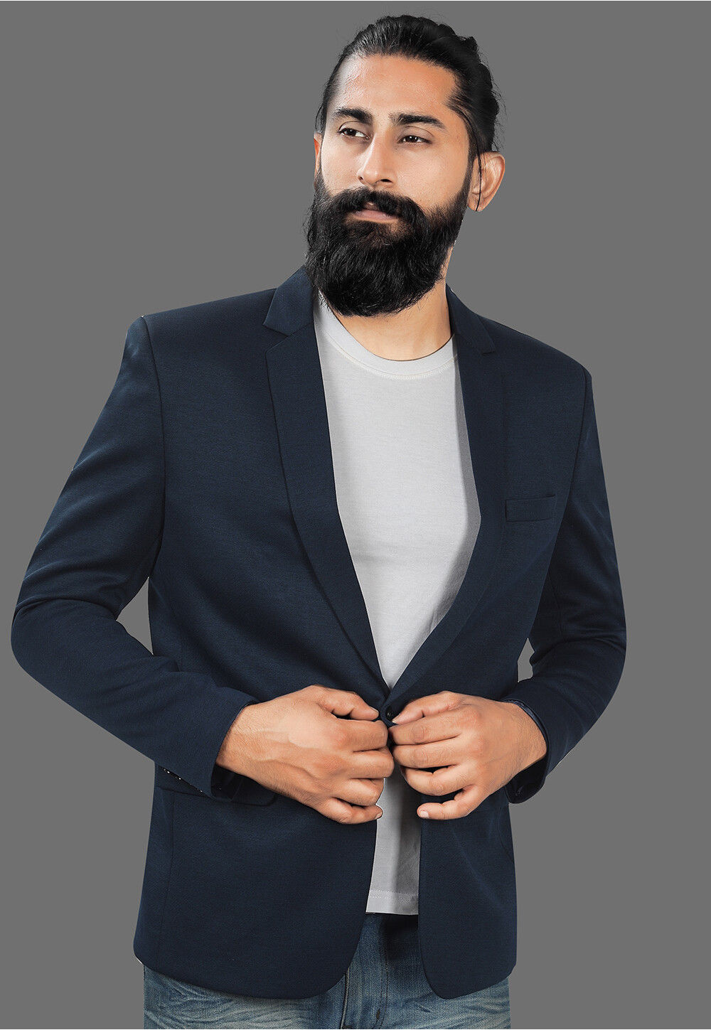 Buy Solid Color Terry Rayon Blazer in Navy Blue Online : MHG3273 ...