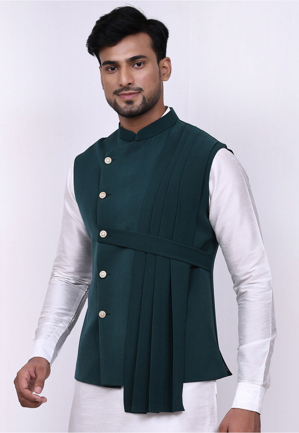 Buy Solid Color Terry Rayon Nehru Jacket in Dark Teal Green Online ...