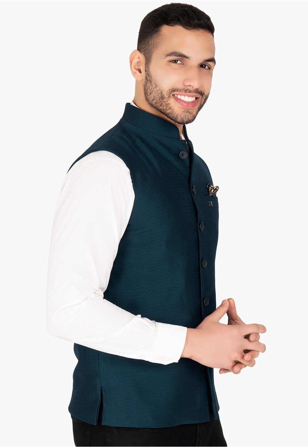 Solid Color Terry Rayon Nehru Jacket in Teal Blue : MXD10