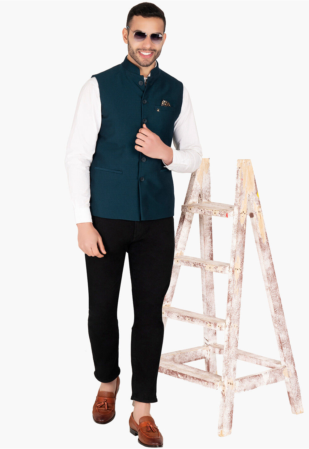 Solid Color Terry Rayon Nehru Jacket in Teal Blue : MXD10