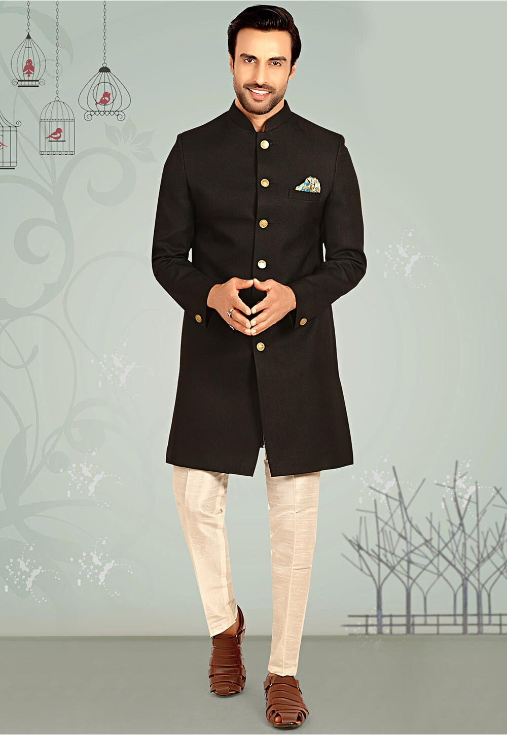 Buy Solid Color Terry Rayon Sherwani in Black Online : MHG2511 - Utsav ...