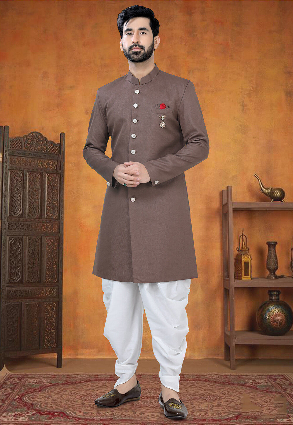 Buy Solid Color Terry Rayon Sherwani in Brown Online : MUY2094 - Utsav ...