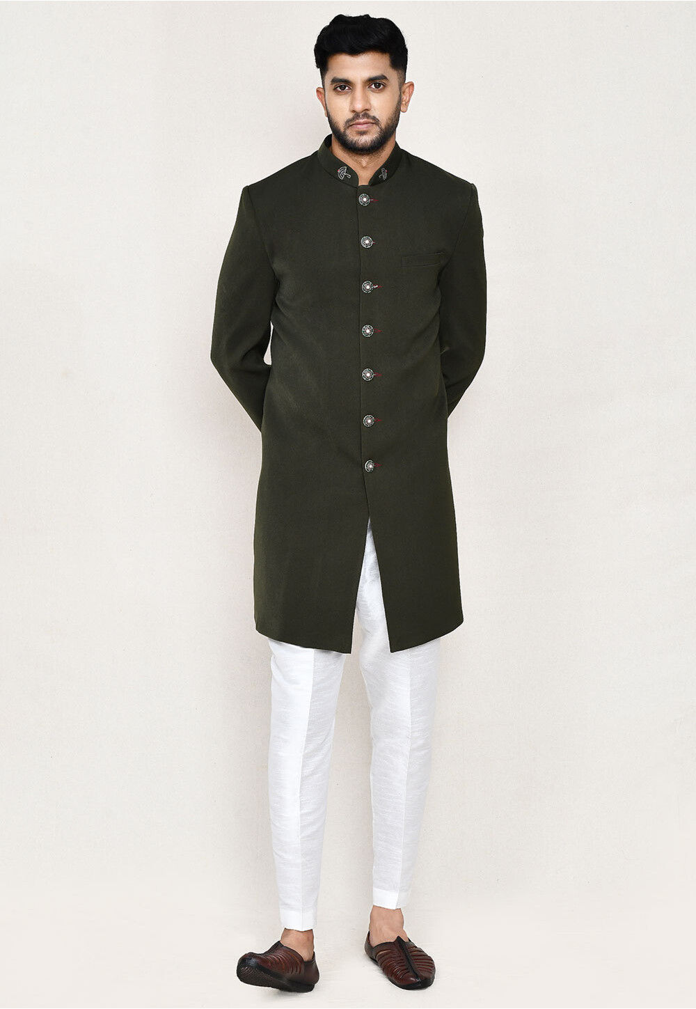 Buy Solid Color Terry Rayon Sherwani in Olive Green Online : MGZ23 ...