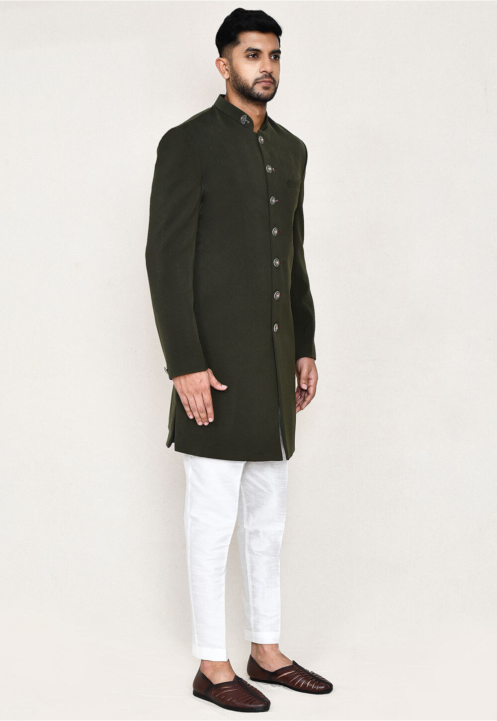 Buy Solid Color Terry Rayon Sherwani in Olive Green Online : MGZ23 ...