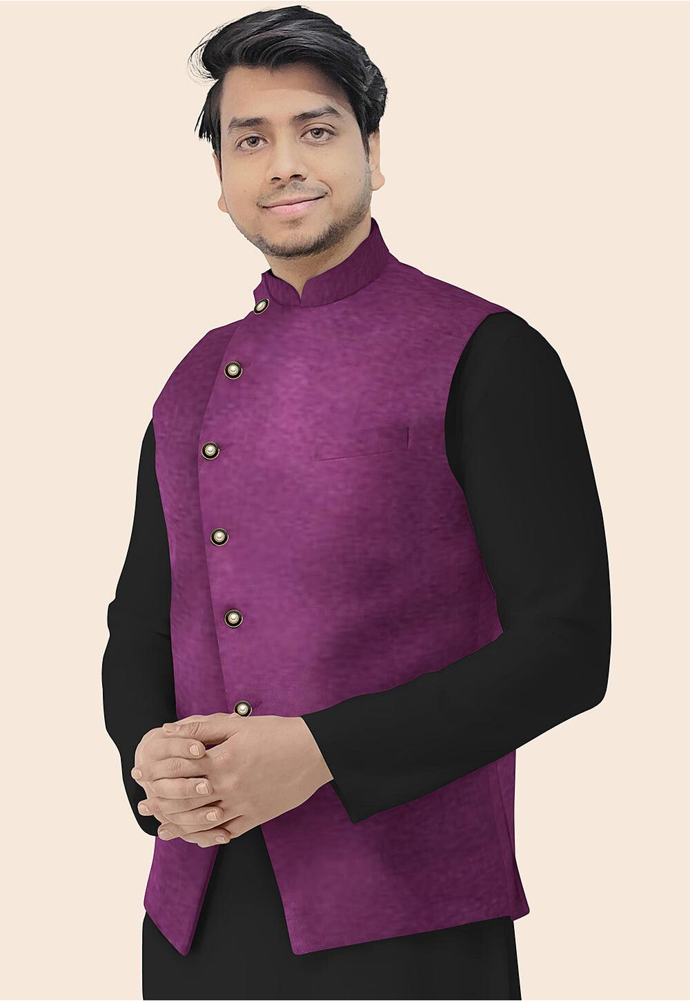 Solid Color Velvet Nehru Jacket in Dark Purple