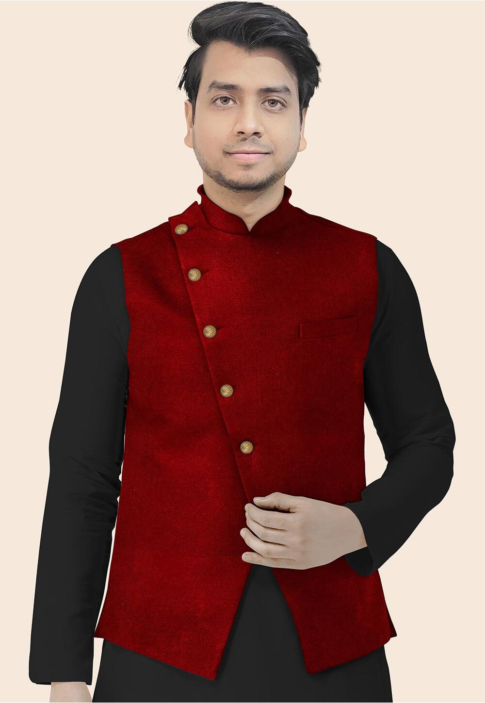 Solid Color Velvet Nehru Jacket in Maroon : MXX782