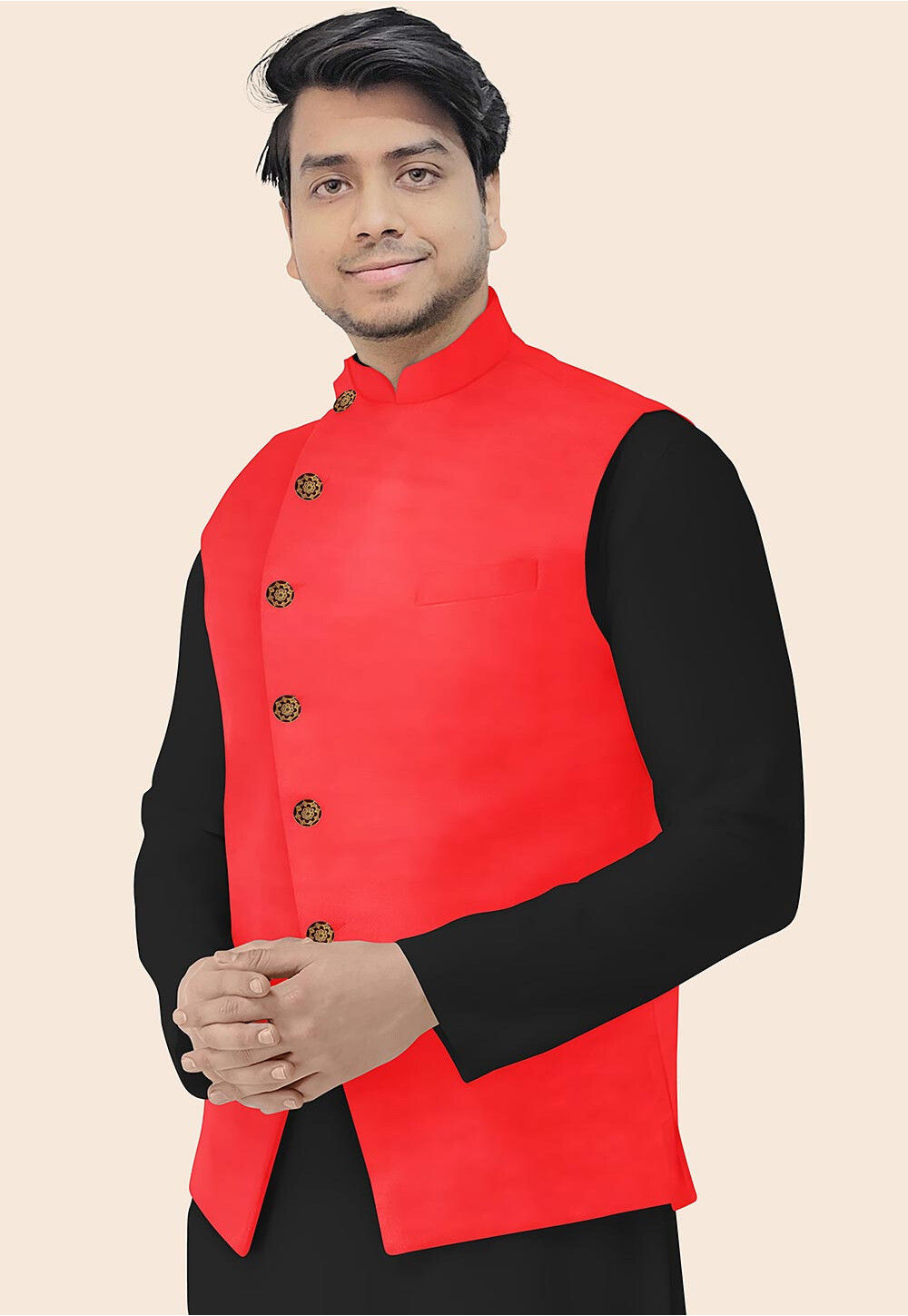 Solid Color Velvet Nehru Jacket in Red : MXX772