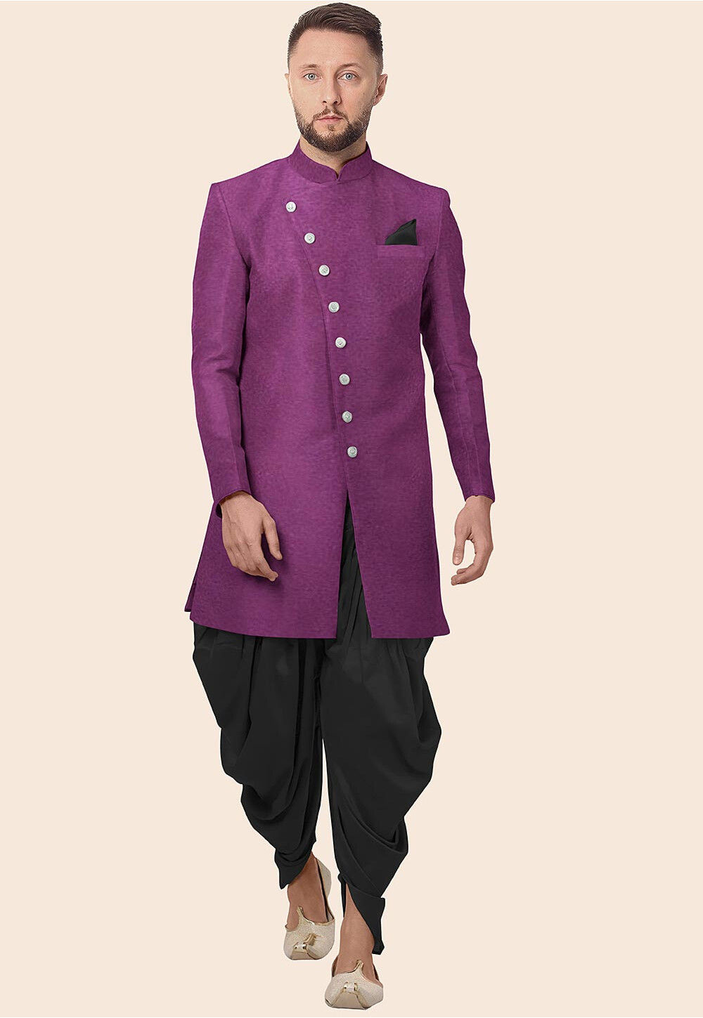 Solid Color Velvet Sherwani in Purple