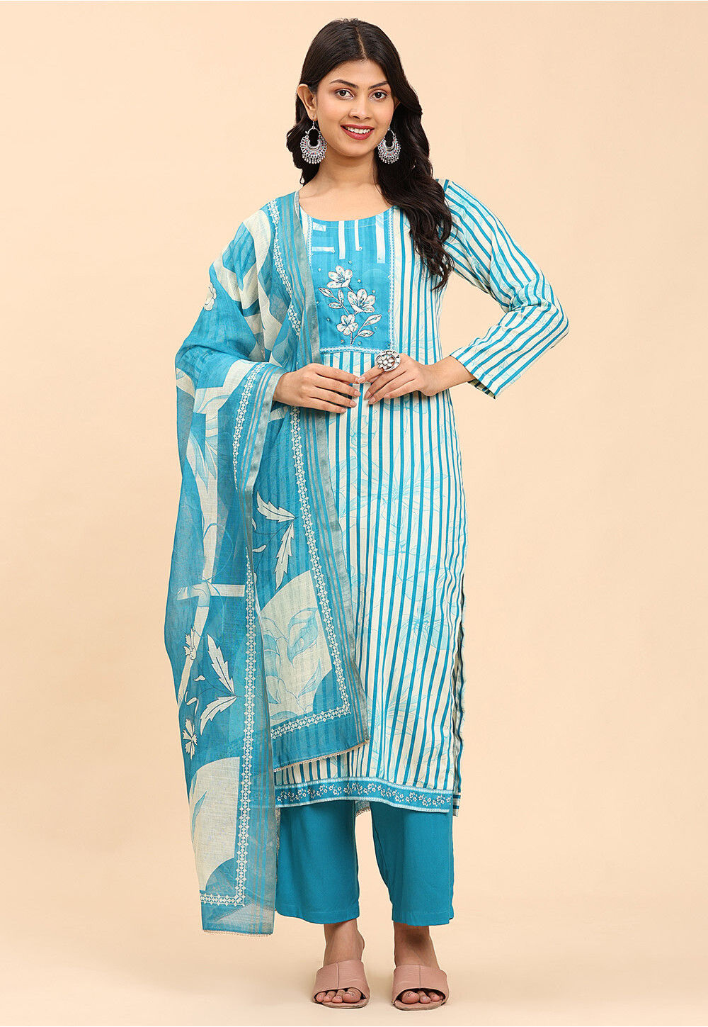 Buy Stripe Print Pure Cotton Pakistani Suit in Off White and Blue ...