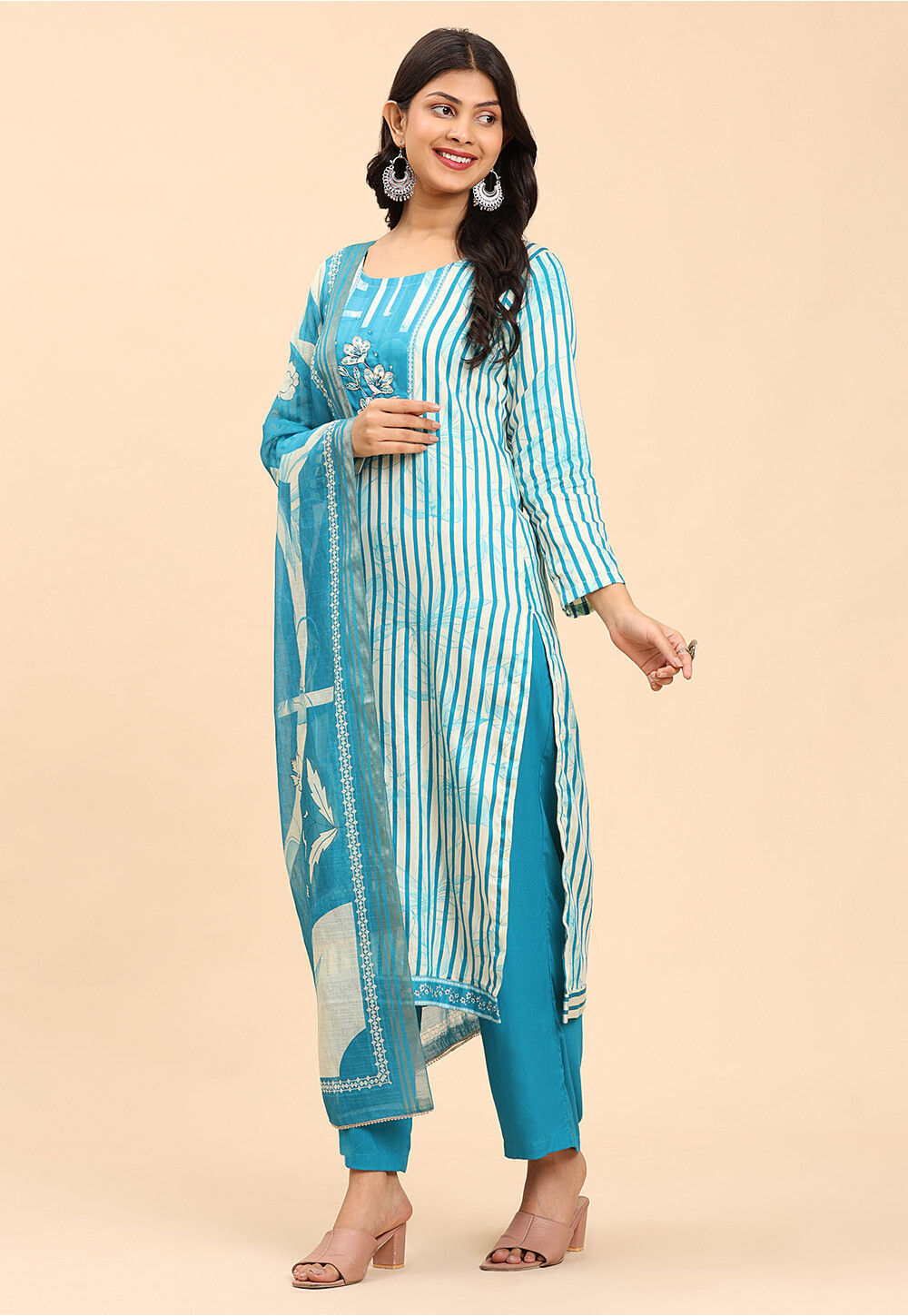 Buy Stripe Print Pure Cotton Pakistani Suit in Off White and Blue ...